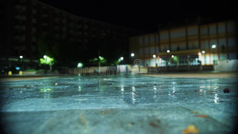 Rain. Puddle of Water. City at Night. Rain Drop with Street Lights ...