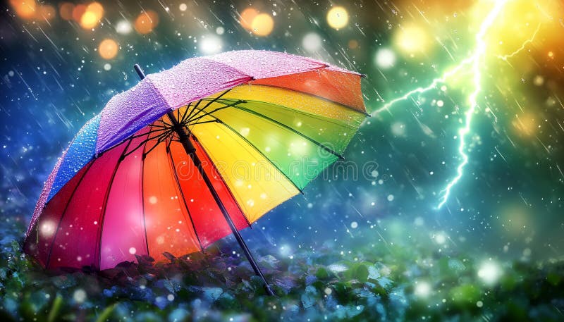 Rain on Rainbow Umbrella Weather Concept - Spring and Fall Shower with ...