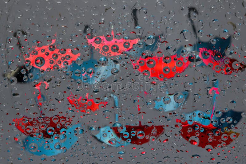 Rain. Raindrops Fall Down Against the Gray Background with Blue and Red ...