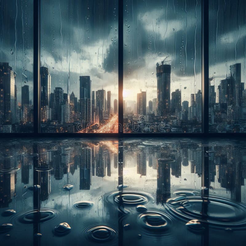 Rain and Reflections a Window Showing a Cityscape Reflected in a Stock Illustration ...