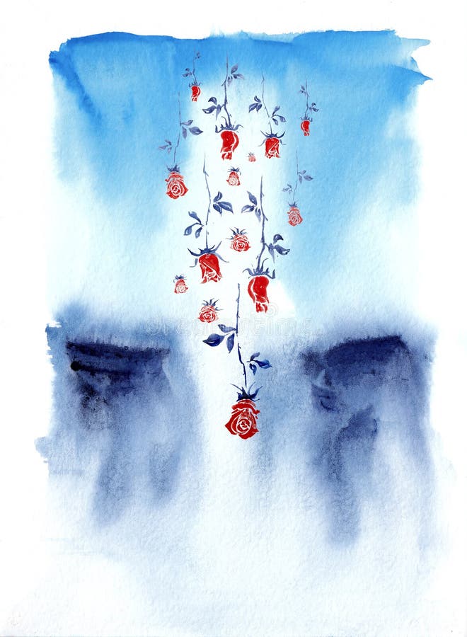 Rain with Roses on Abstract Background. Hand Drawn Watercolors on Paper ...