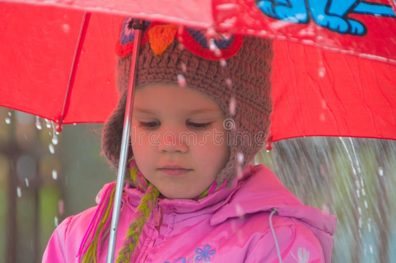 In the Rain Sad Child with an Umbrella. Stock Image - Image of baby ...