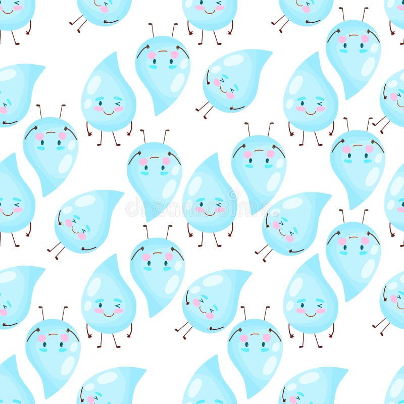 Rain Seamless Vector Pattern. Falling Cute Character Water Drops Stock ...