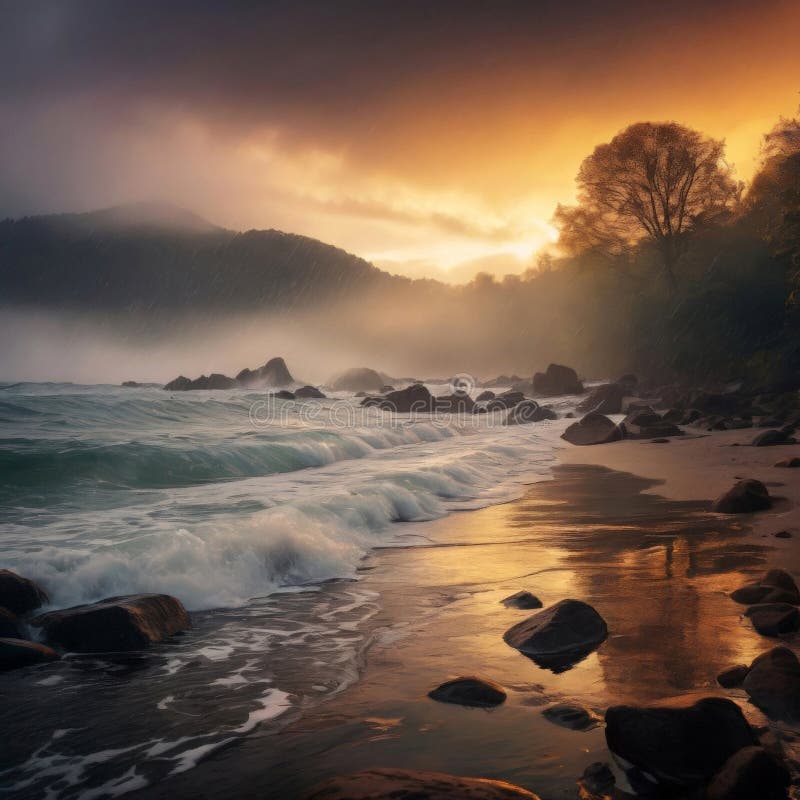 Rain on the Seaside with Rocks, at Sunset. Stock Illustration ...