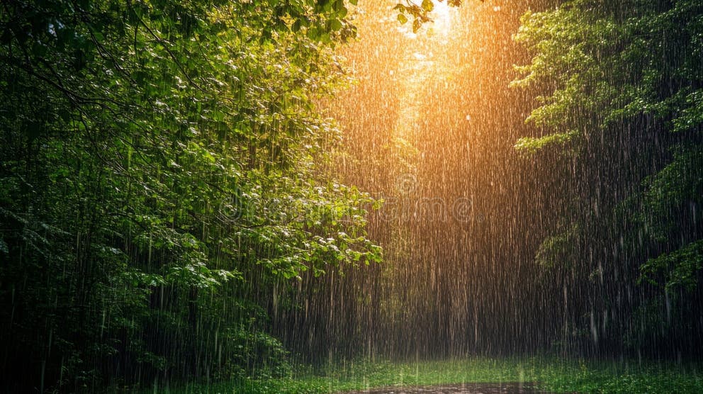 Rain Shower through Sunlit Forest Stock Photo - Image of feeling, drops ...
