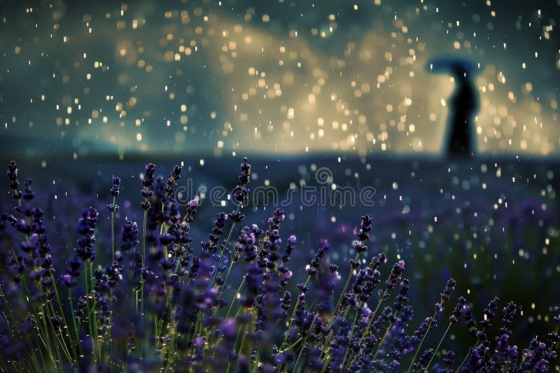 Rain Showering on a Field of Lavender, Person in Distance Stock Image ...