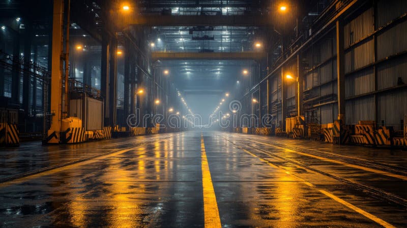Rain-slicked Factory Road at Night Stock Illustration - Illustration of ...