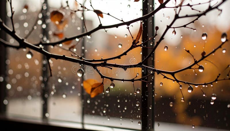 Rain-Soaked Branches Reflecting and Casting Blurry Shadows on Glass ...