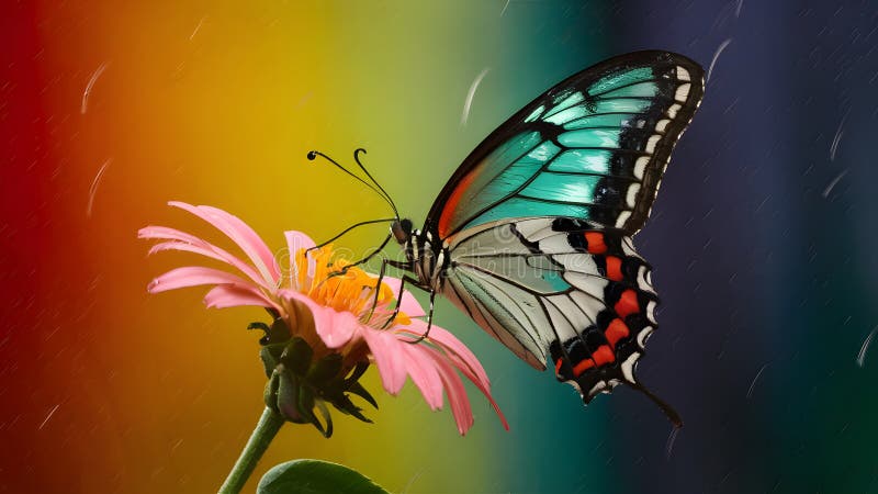 Rain Soaked Butterfly Perches on Flower Against Colored Backdrop Stock ...