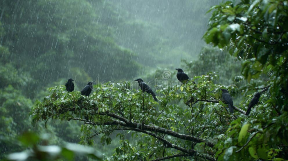 Rain-Soaked Crows Perched on Lush Green Tree Branch Stock Illustration ...