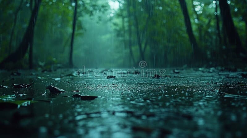 Rain-soaked Forest Path with Fallen Leaves Stock Illustration ...