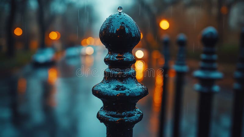 Rain-soaked Iron Fence Post with Blurred City Lights in the Background ...
