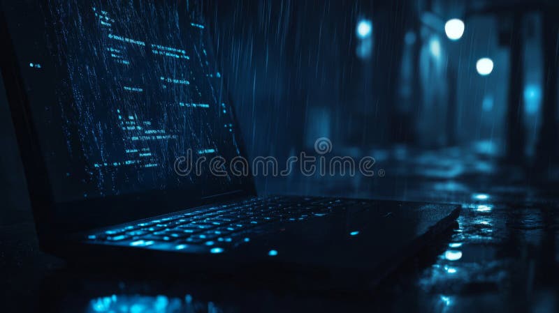 Rain Soaked Laptop Displays Code in the Night Stock Illustration ...