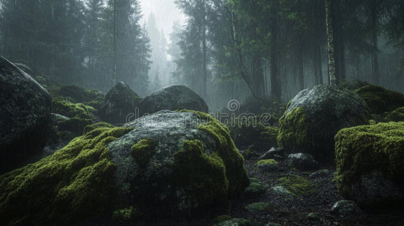Rain-soaked Mossy Boulders in a Misty Forest Stock Illustration - Illustration of mossy, mist ...