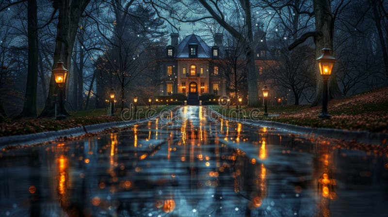 Rain-soaked Pathway Leads To an Illuminated Mansion at Dusk in a ...