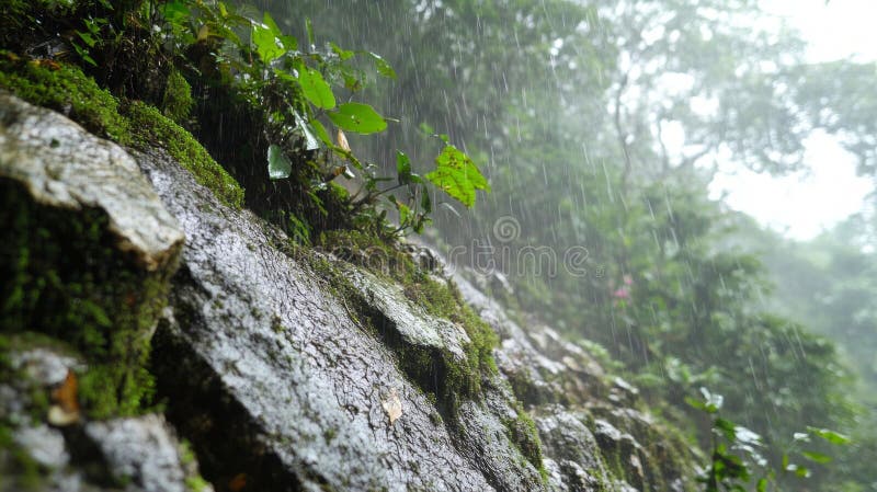 Rain Soaked Rainforest Rocks and Lush Greenery Stock Illustration ...
