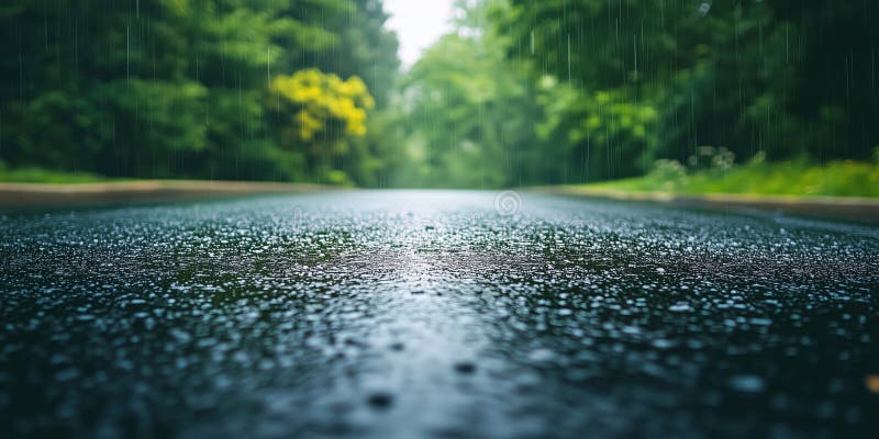 Rain-soaked Road Reflecting Greenery in a Tranquil Forest Setting Stock ...