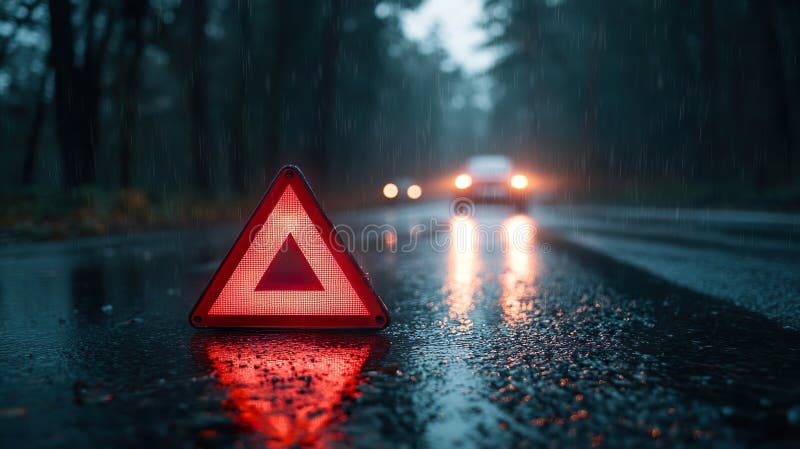 Red Warning Emergency Triangle on a Wet Road during Rainy Weather Stock ...