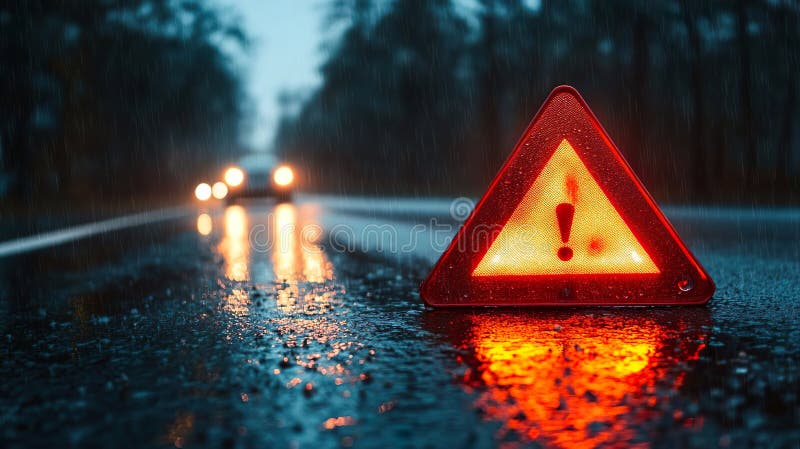Red Warning Emergency Triangle on a Wet Road during Rainy Weather Stock ...
