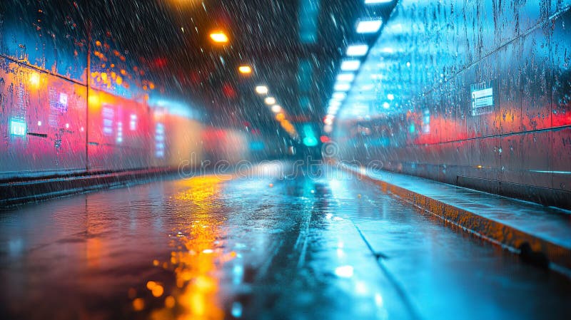Rain-soaked Tunnel Interior with Holographic Navigation Panels. Stock ...