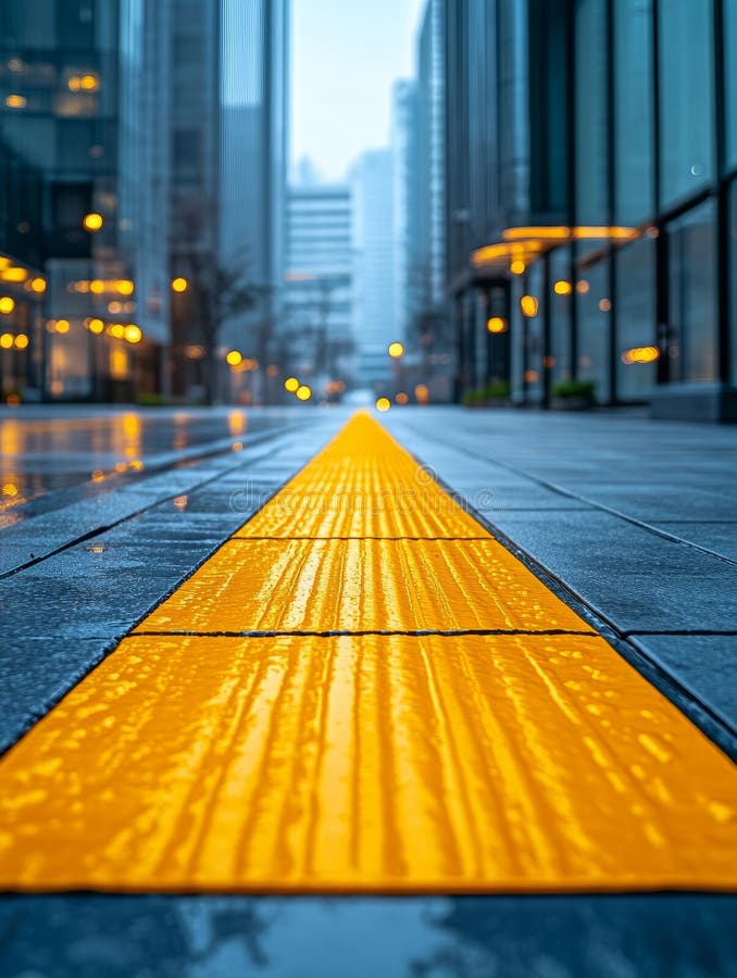 Rain-soaked Urban Pathway Leading through Modern Skyscrapers. Stock ...
