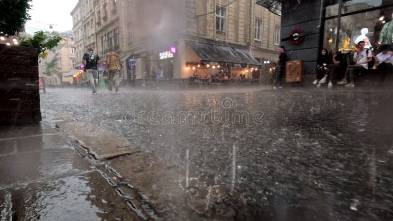 Rain Storm Fluid City Lviv Ukraine Stock Footage - Video of sidewalk ...