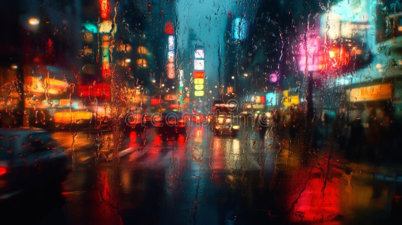 Rain-Streaked Window with Blurry City Lights at Night Stock ...