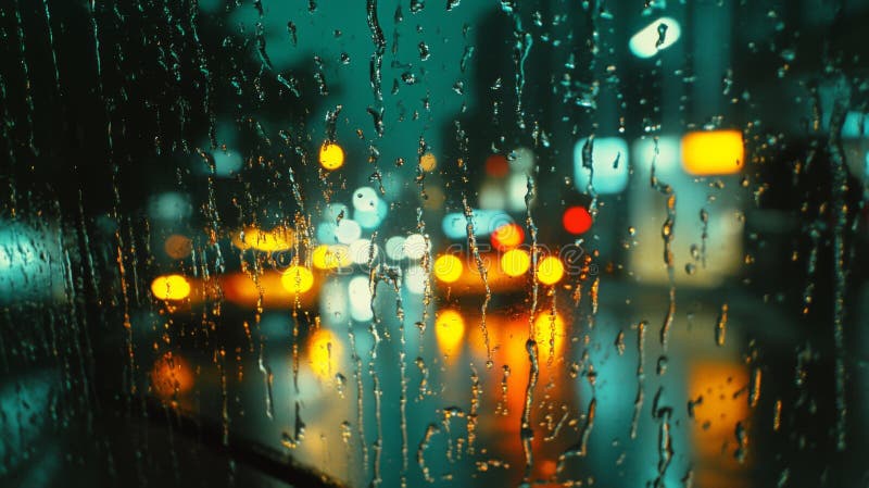 Rain-Streaked Window with Blurry City Lights at Night Stock ...