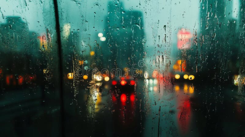 Rain-Streaked Window with City Lights Stock Illustration - Illustration ...