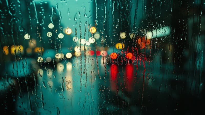 Rain-Streaked Window with City Lights Blurred in the Distance Stock ...