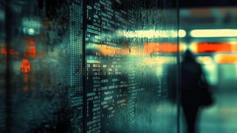 Rain Streaked Window Displays Digital Data at Night Stock Illustration ...