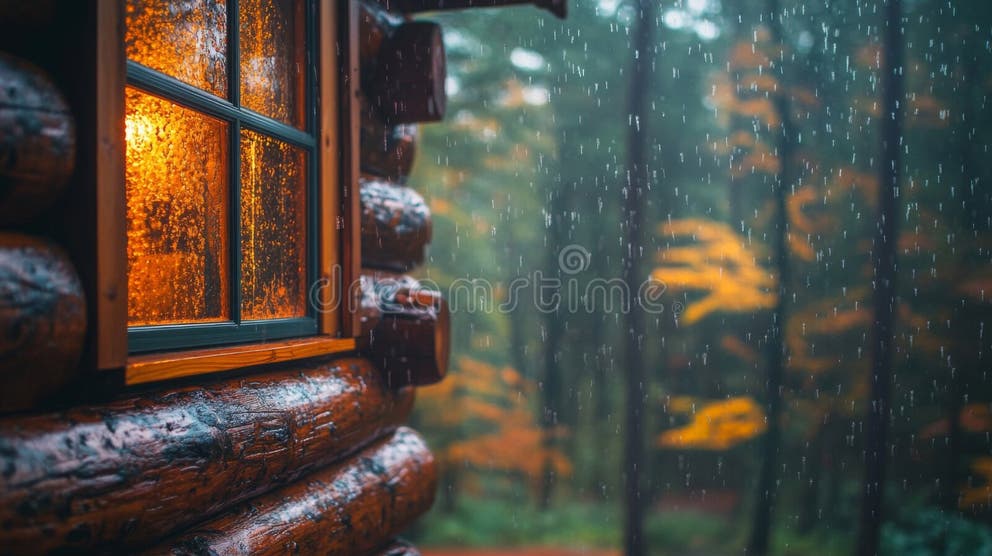 Rain-streaked Window of a Log Cabin with a Forest View Stock ...