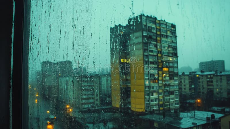 Rain-Streaked Window View of City Buildings at Dusk Stock Illustration ...