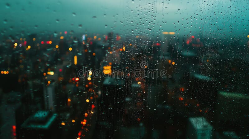 Rain-Streaked Window View of City Lights at Night Stock Illustration ...