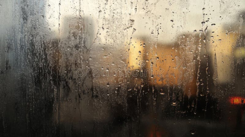 Rain Streaks on a Window with Blurred Cityscape Behind Stock ...