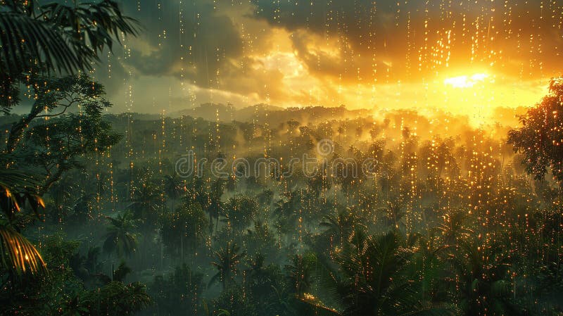 Rain in the Tropics at Dawn Stock Illustration - Illustration of ...