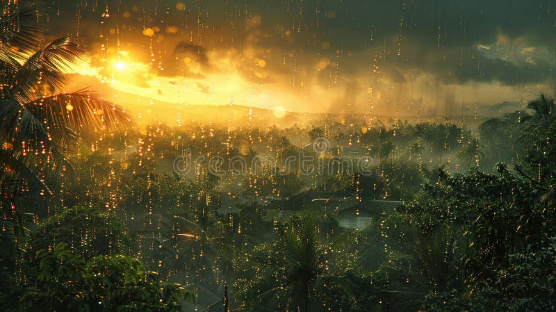 Rain in the Tropics at Dawn Stock Illustration - Illustration of ...