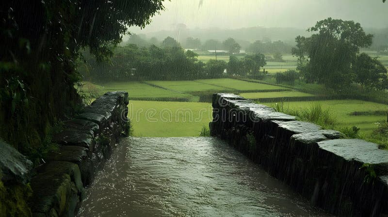 Rain-washed Irrigation Channel through Rice Paddies Stock Illustration ...
