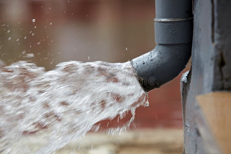Rain Water Flowing from Plastic Gutter. Stock Image - Image of dirty ...