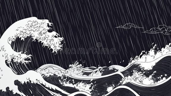 Rain and Waves in a Line Art Illustration Stock Photo - Image of ...