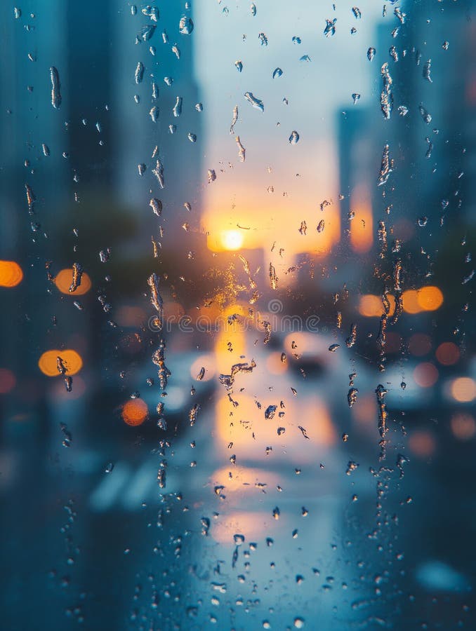 Rain on Window with Blurred City Lights at Sunset. Stock Image - Image ...