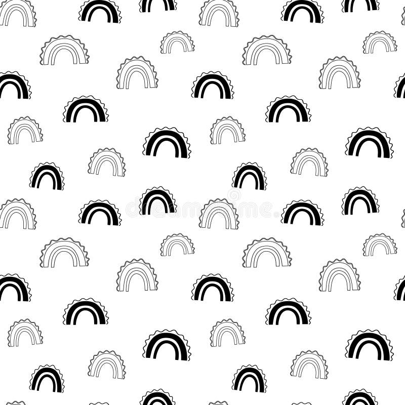 Rainbow Seamless Pattern, Black and White Hand-drawn Arc Doodle Digital ...