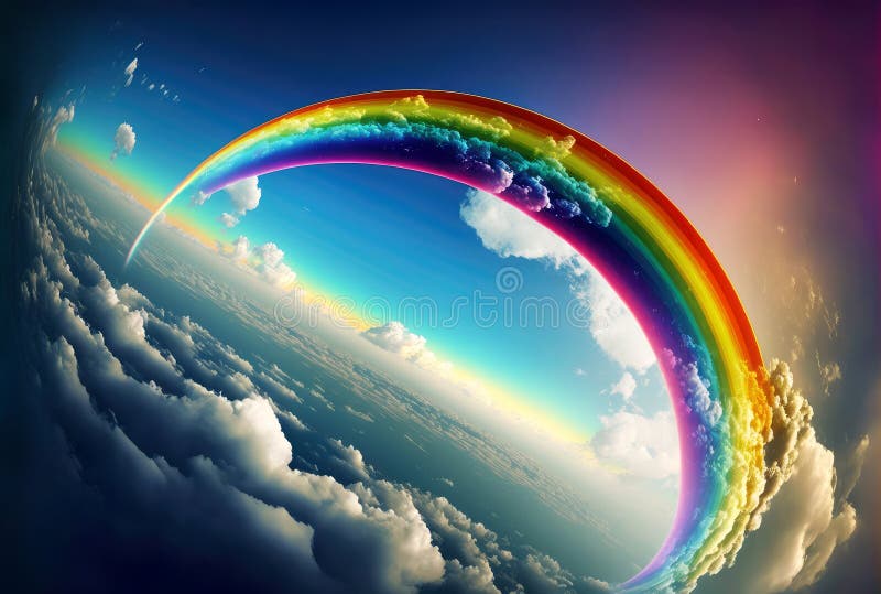 Rainbow Above Clouds in Blue Sky. Wide Angle Stock Illustration ...