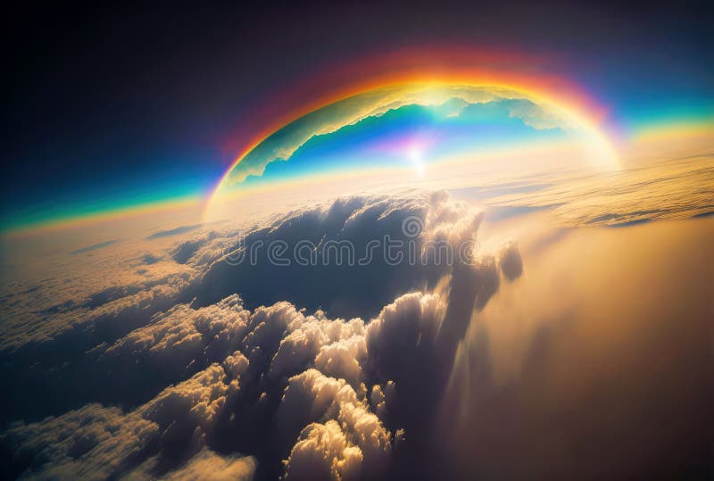 Rainbow Above Clouds in Blue Sky. Wide Angle Stock Illustration ...
