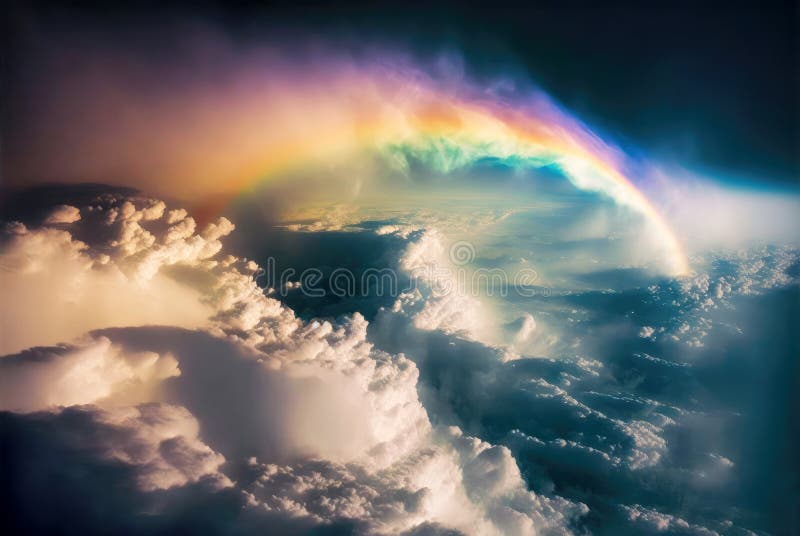 Rainbow Above Clouds in Blue Sky. Wide Angle Stock Illustration ...