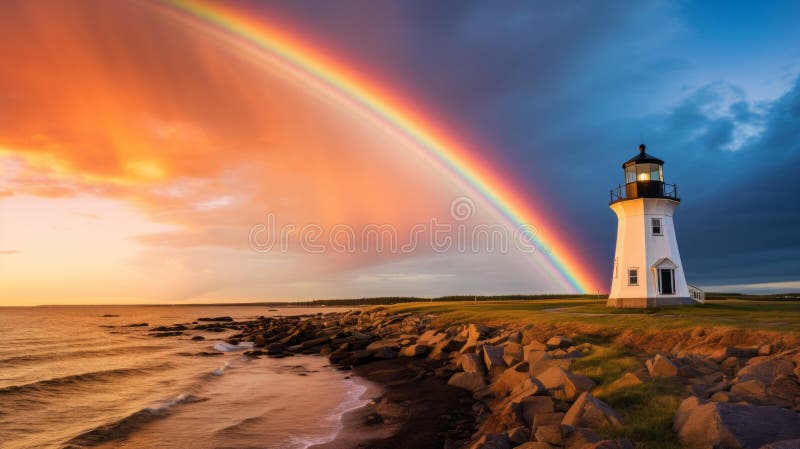 Rainbow Above a Coastal Lighthouse Stock Illustration - Illustration of ...