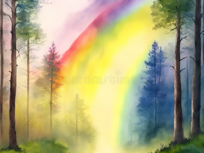 Rainbow Above a Forest Watercolor. Ai Generative Stock Illustration ...
