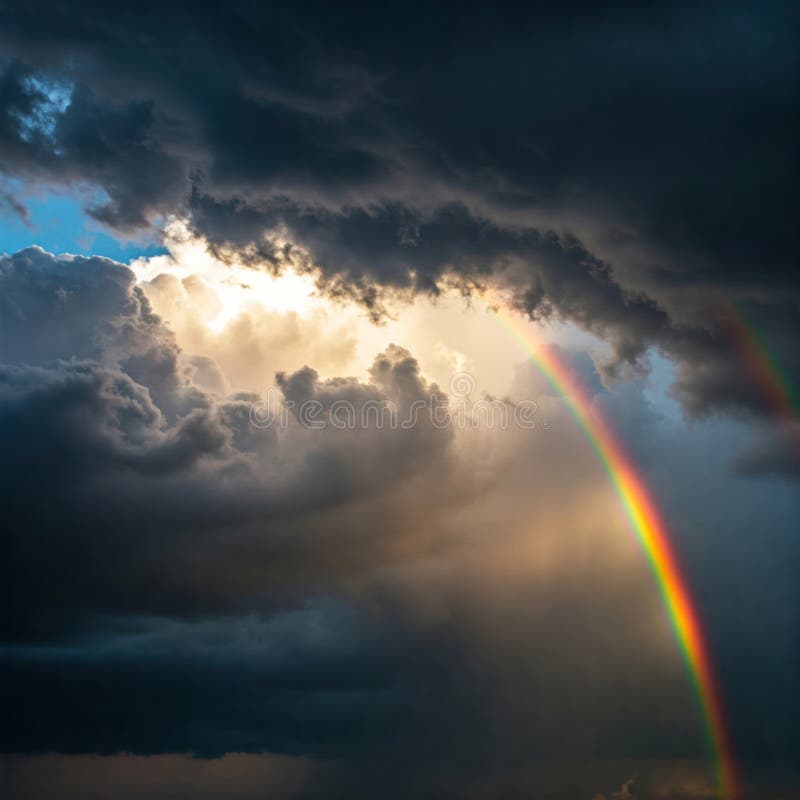 Rainbow Against the Background of Dark Storm Clouds and Sunlight. Stock ...