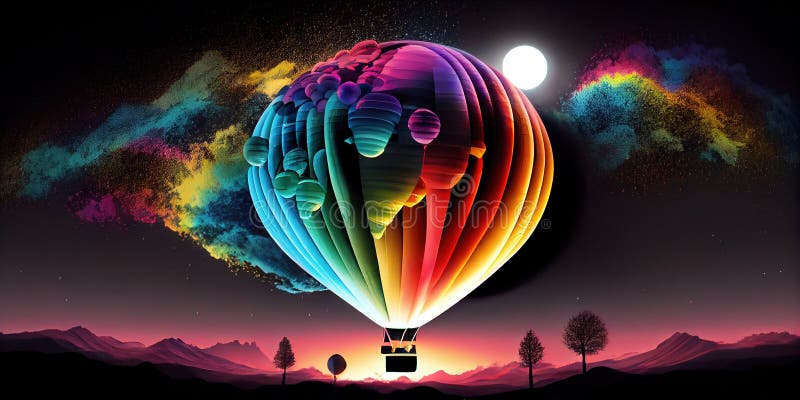 Rainbow Air Balloon Flying at Night, Panoramic Image. Stock ...