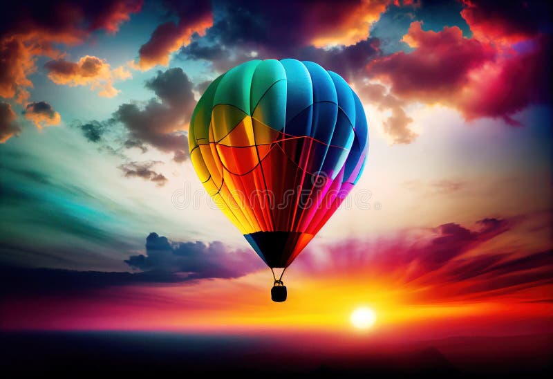 Rainbow Air Balloon Flying at Sunset Stock Illustration - Illustration ...